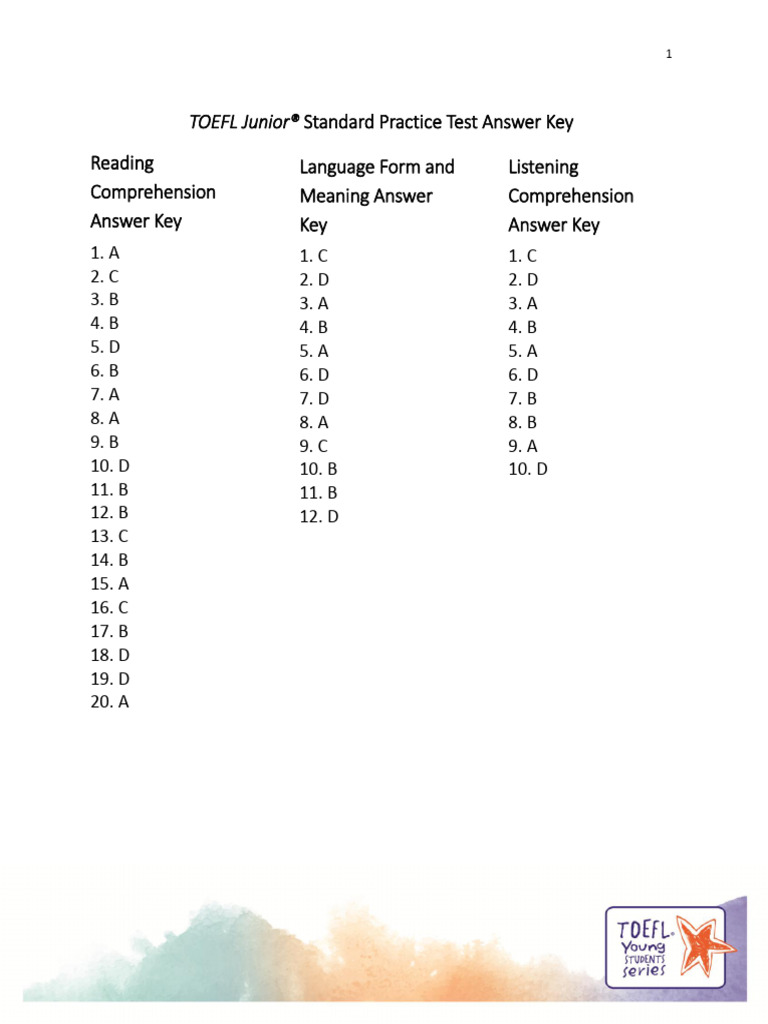 TOEFL Junior Standard Practice Test Answer Key | PDF