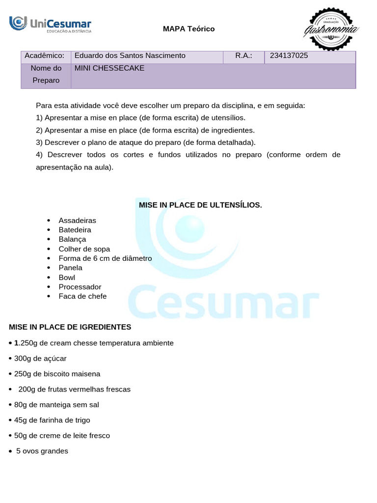 Mapa Confeitaria Unicesumar 2023 | PDF | Massa | Alimentos