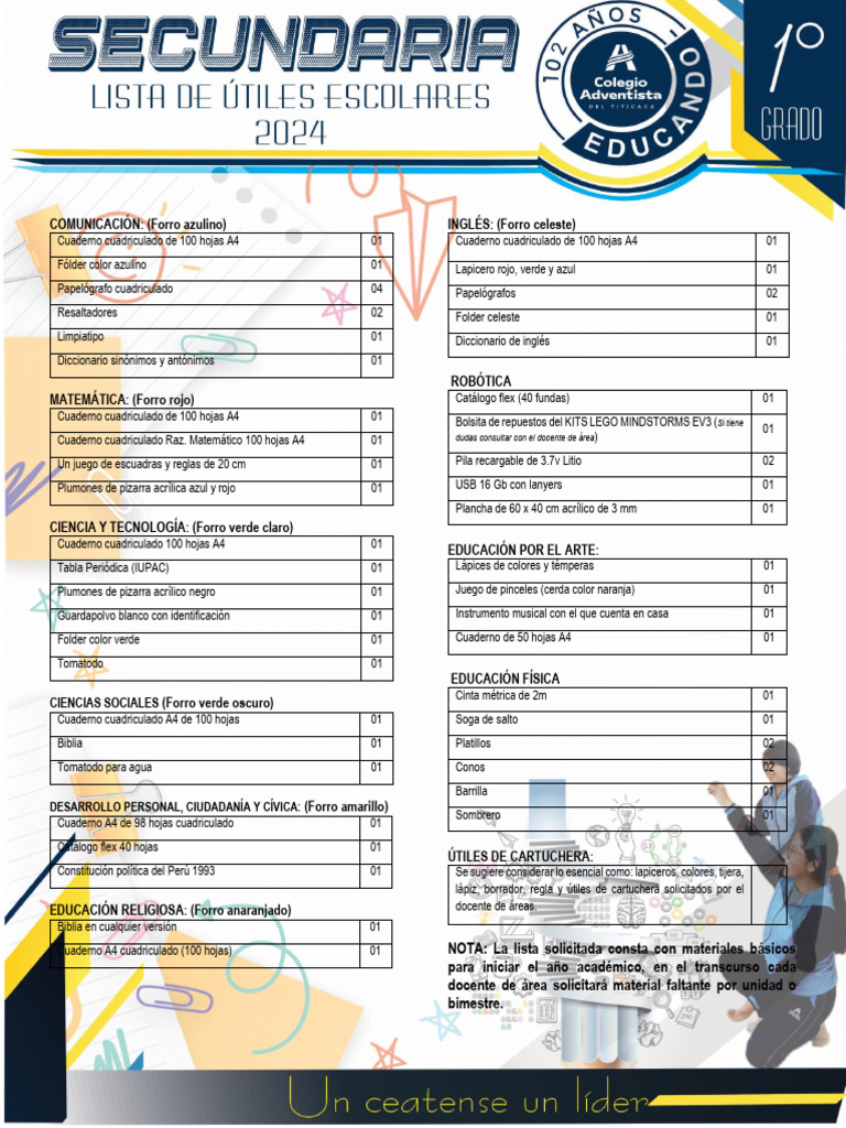 1er Año LISTA DE ÚTILES - 2024 | PDF | Color | Diseño gráfico