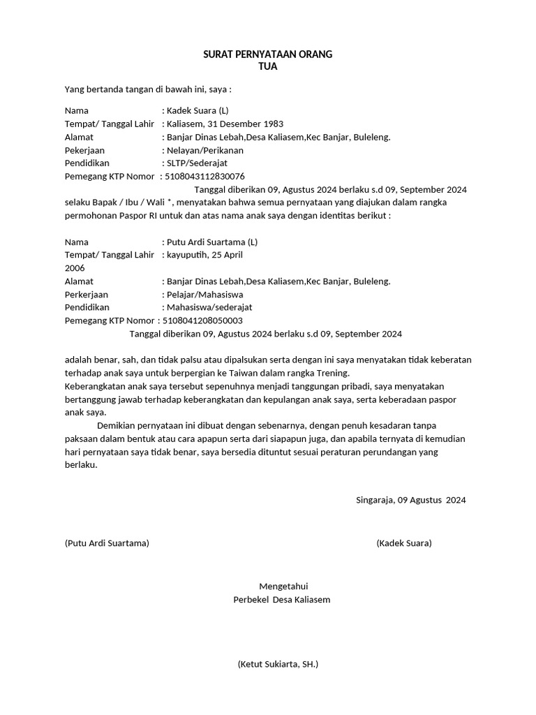 SURAT PERNYATAAN ORANG TUA Putu Ardi | PDF
