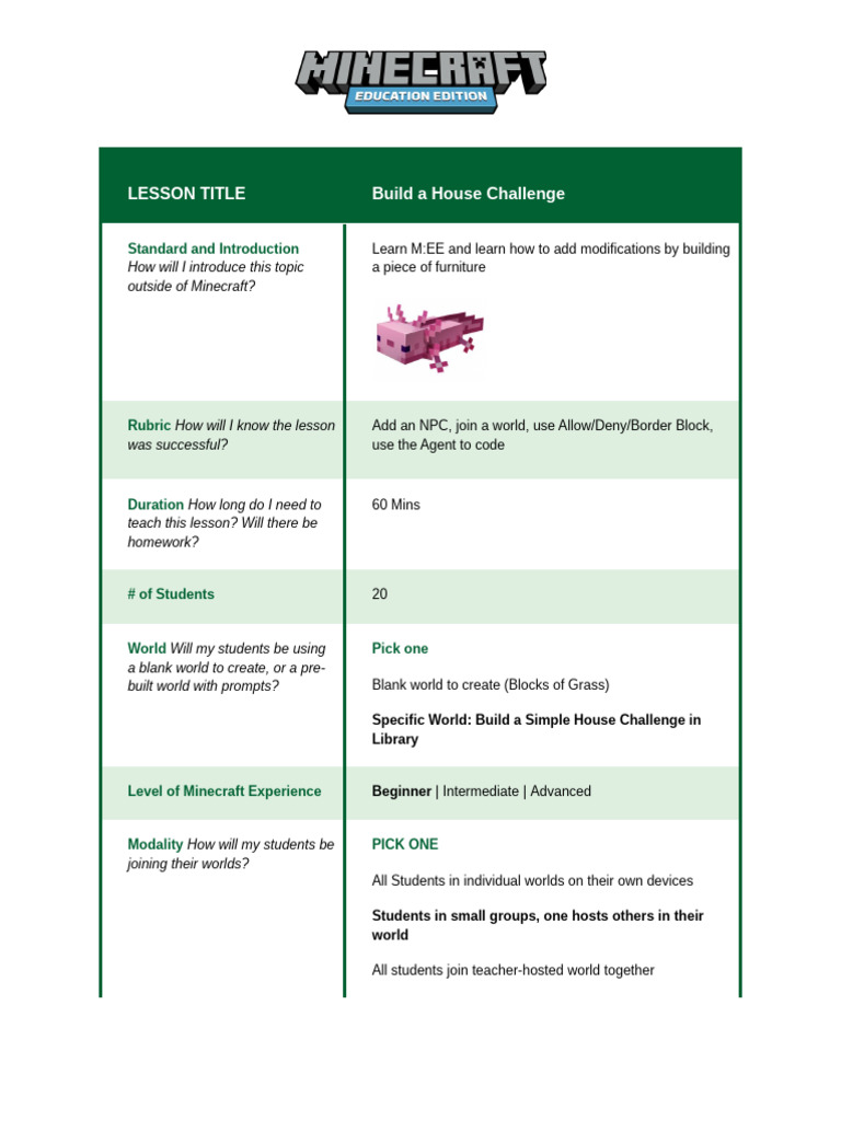 Minecraft Lesson Planner Menu | PDF