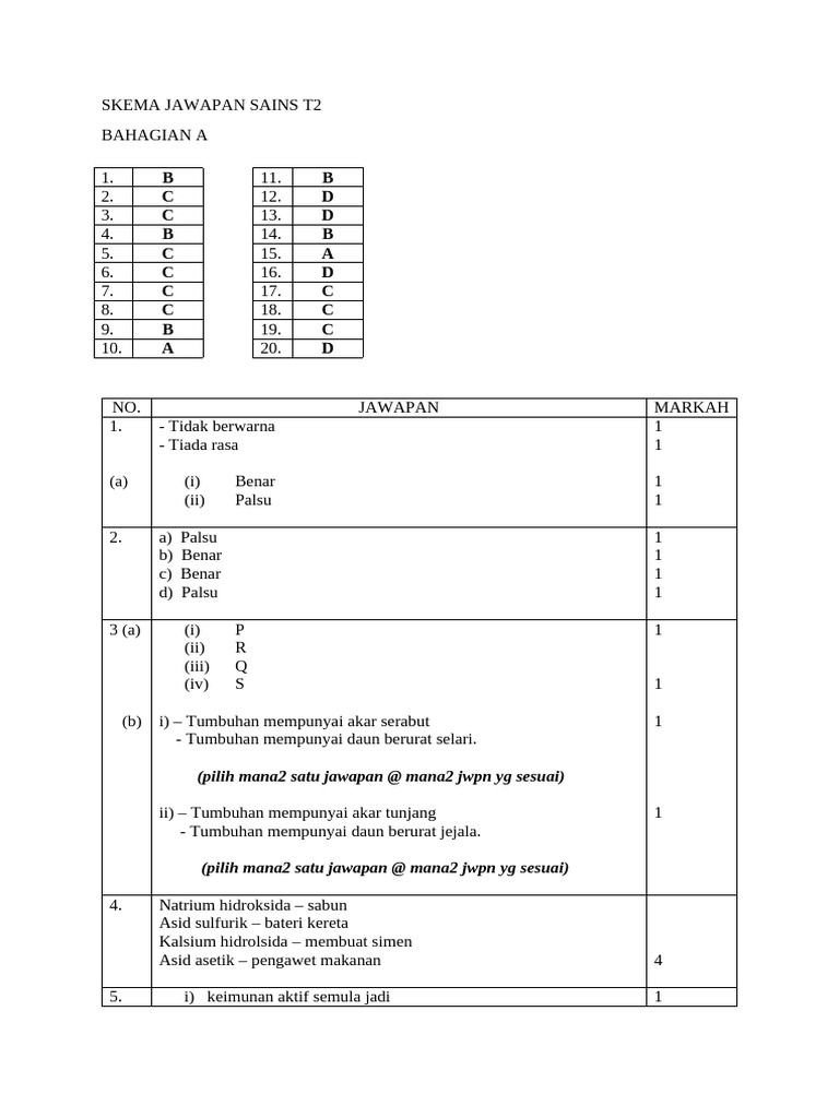 Skema Jawapan Soalan Peperiksaan Akhir Tahun Sains Ting 2 | PDF