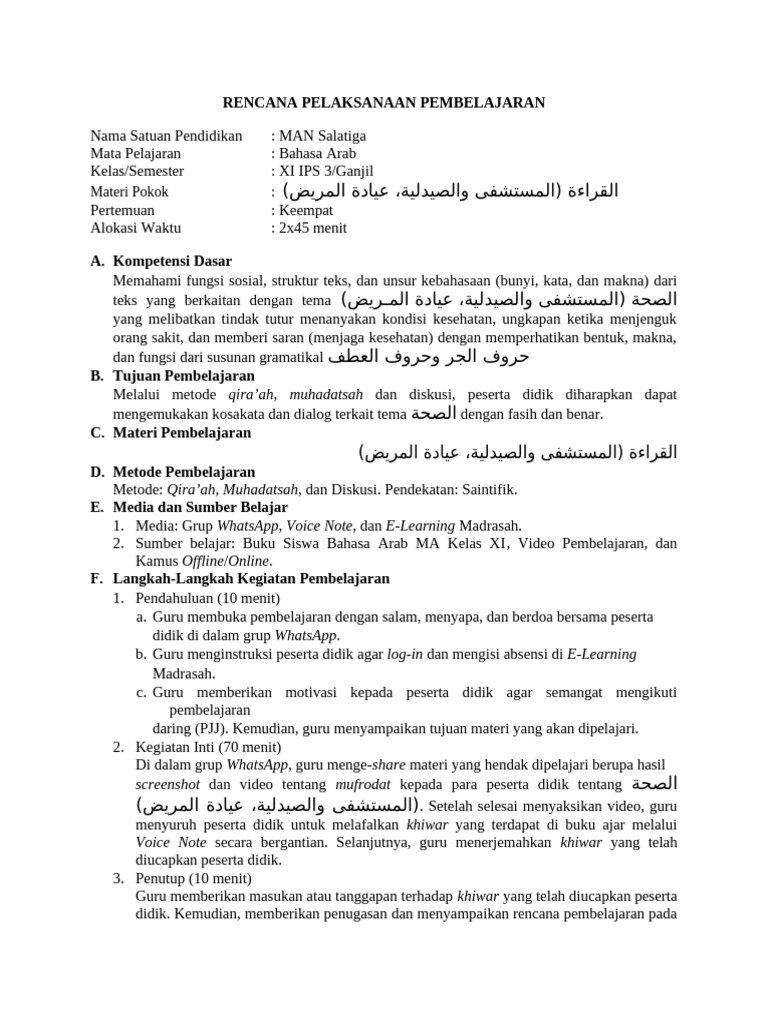 RPP Bahasa Arab Pertemuan Keempat | PDF