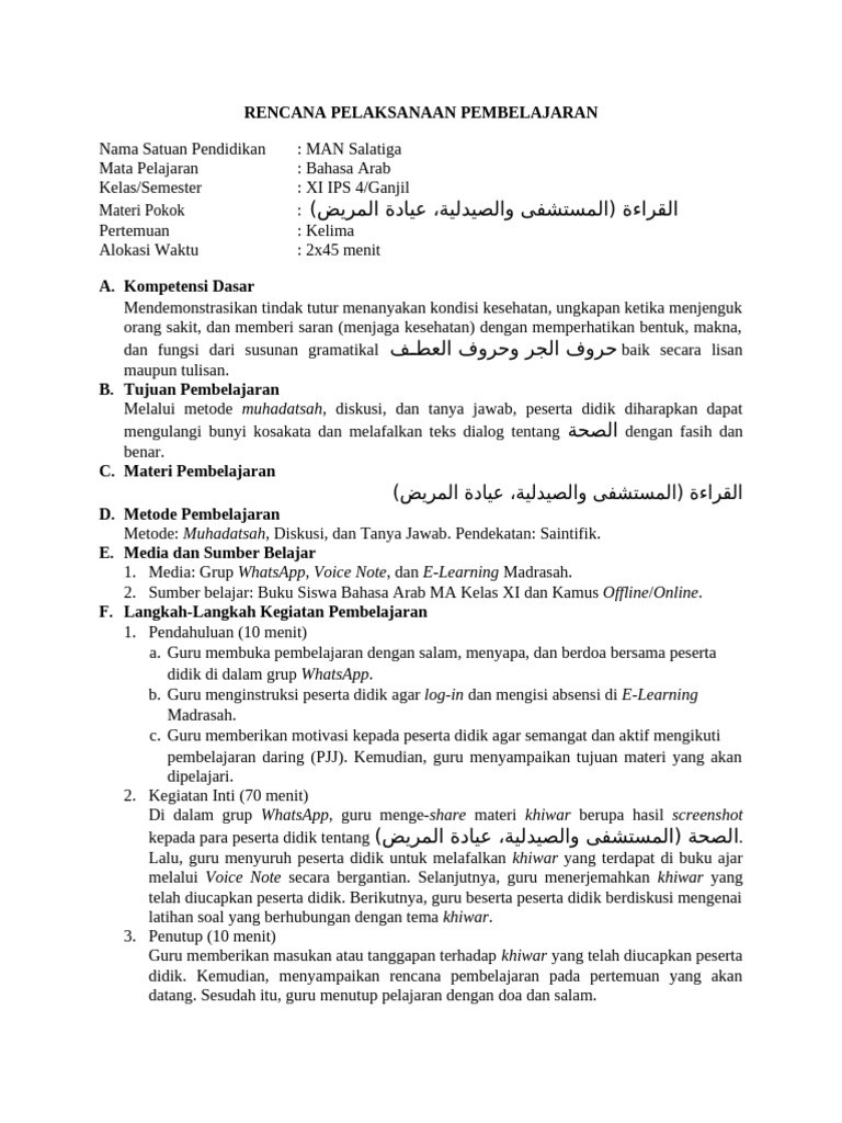 RPP Bahasa Arab Pertemuan Kelima | PDF