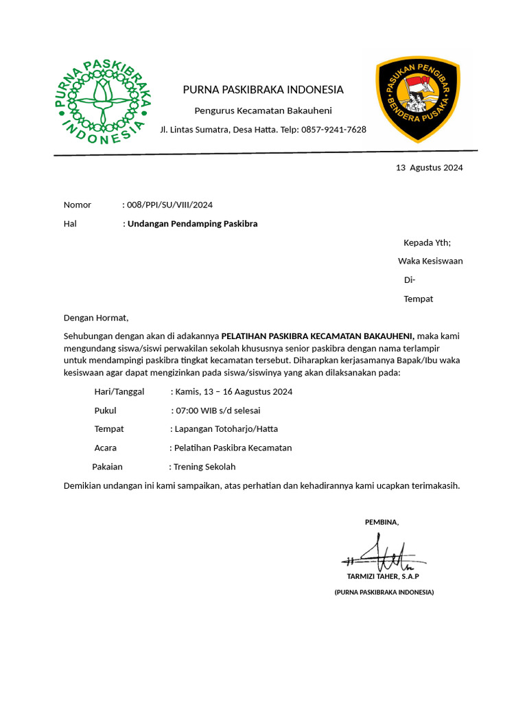 SURAT SELEKSI PASKIBRA SEKOLAH (1) | PDF