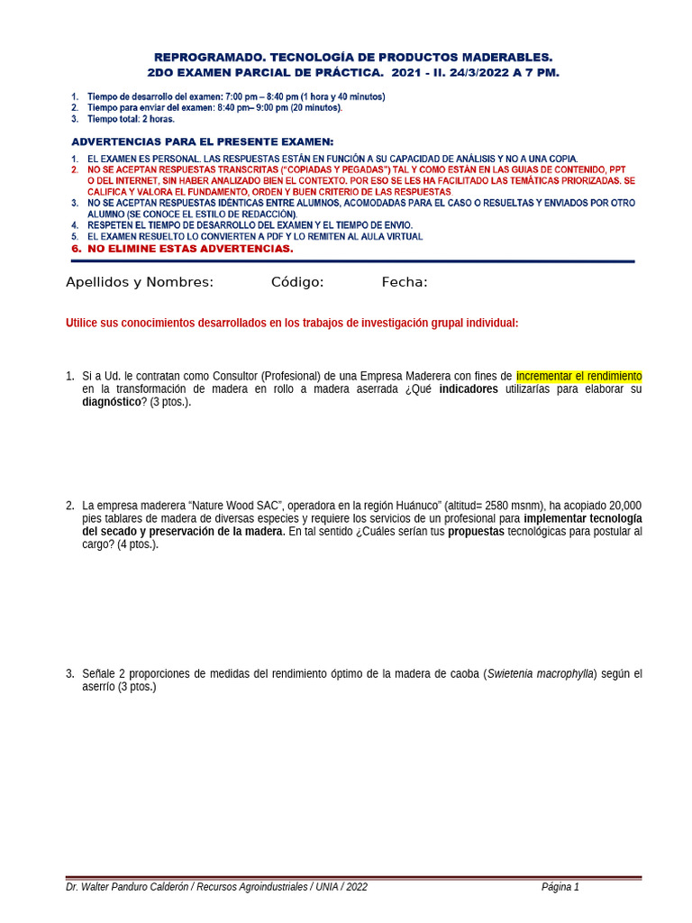 Reprogramado. 2do Examen Parcial Práctica. Tpm. 2021-Ii. 24 Marzo 2022 A 7 Pm. | PDF