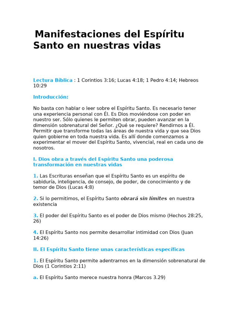 Manifestaciones Del Espíritu Santo en Nuestras Vidas | PDF