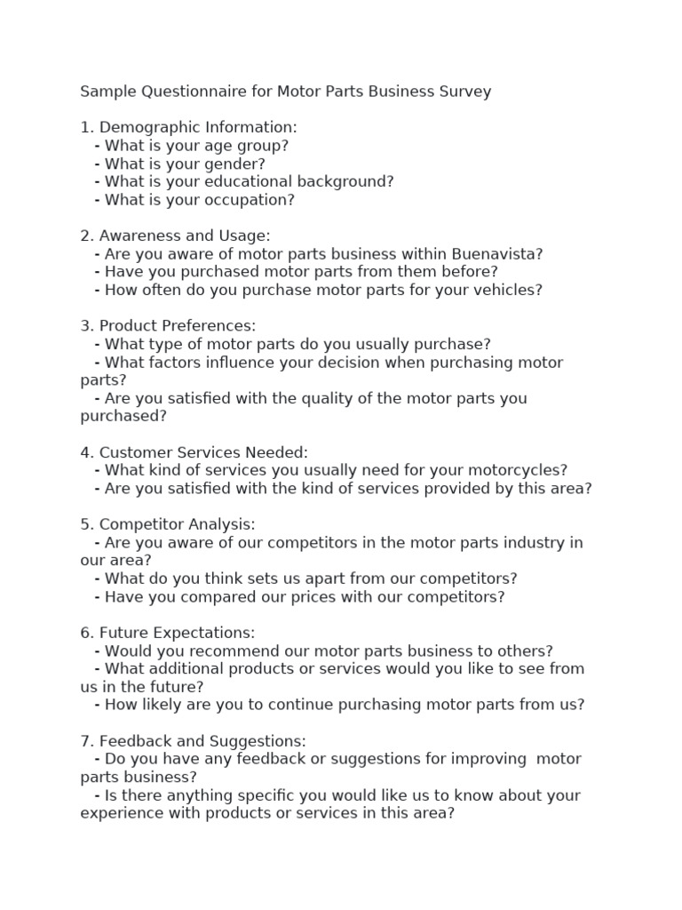 Sample Questionnaire For Motor Parts Business Survey | PDF