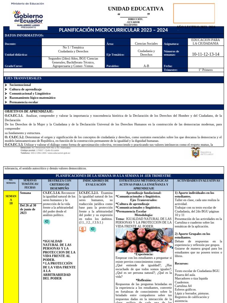 2-2ciudadania Planificacion 2do Bgu - 1er Trimestre Semana 10 A La 14. PV | PDF