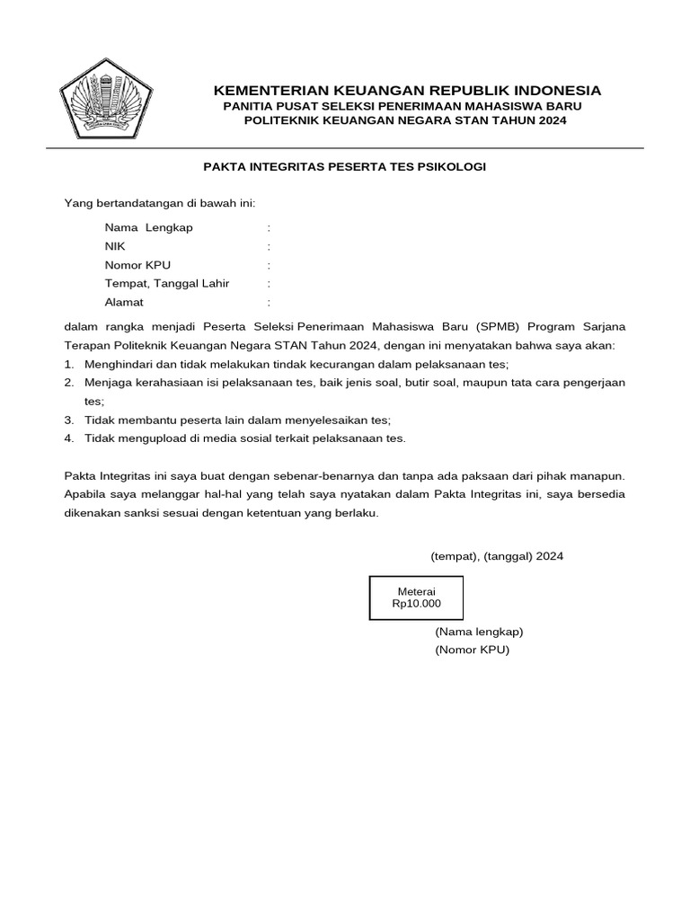 Pakta Integritas SPMB PKN STAN 2024 | PDF