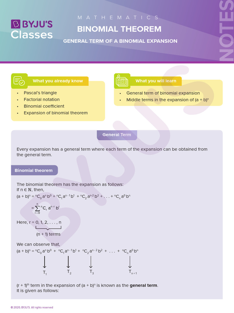 Binomial Theorem: General Term of A Binomial Expansion | PDF