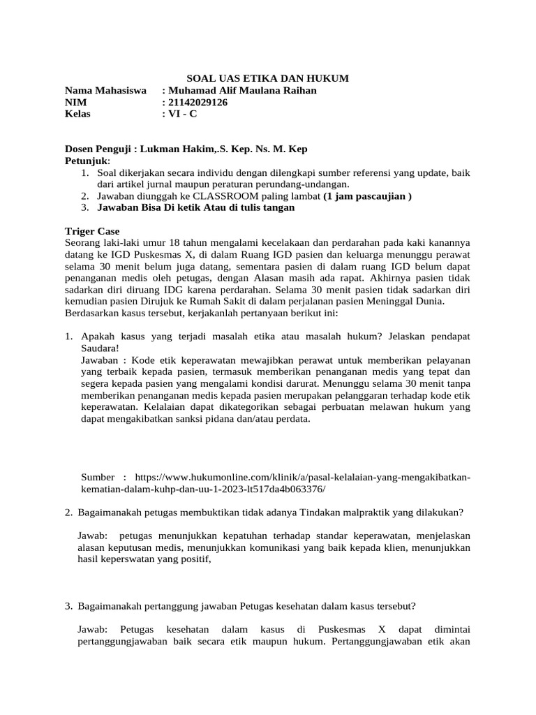 20 Muhamad Alif Maulana Raihan - SOAL ETIK HUKUM KESEHATAN | PDF