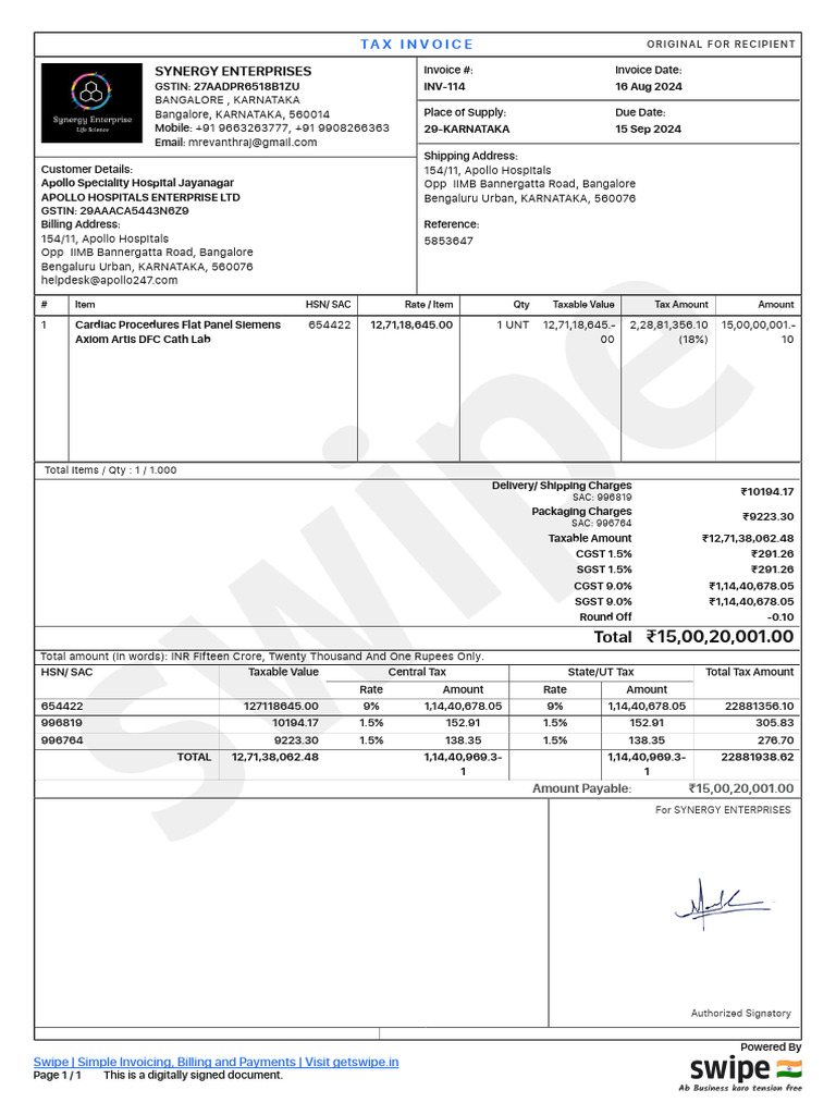 INV-114 - Apollo Speciality Hospital Jayanagar | PDF