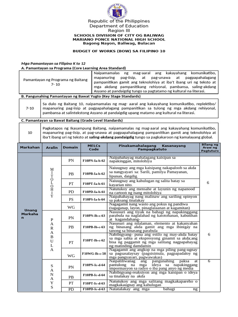 Bow-Filipino-10-1st Quarter | PDF