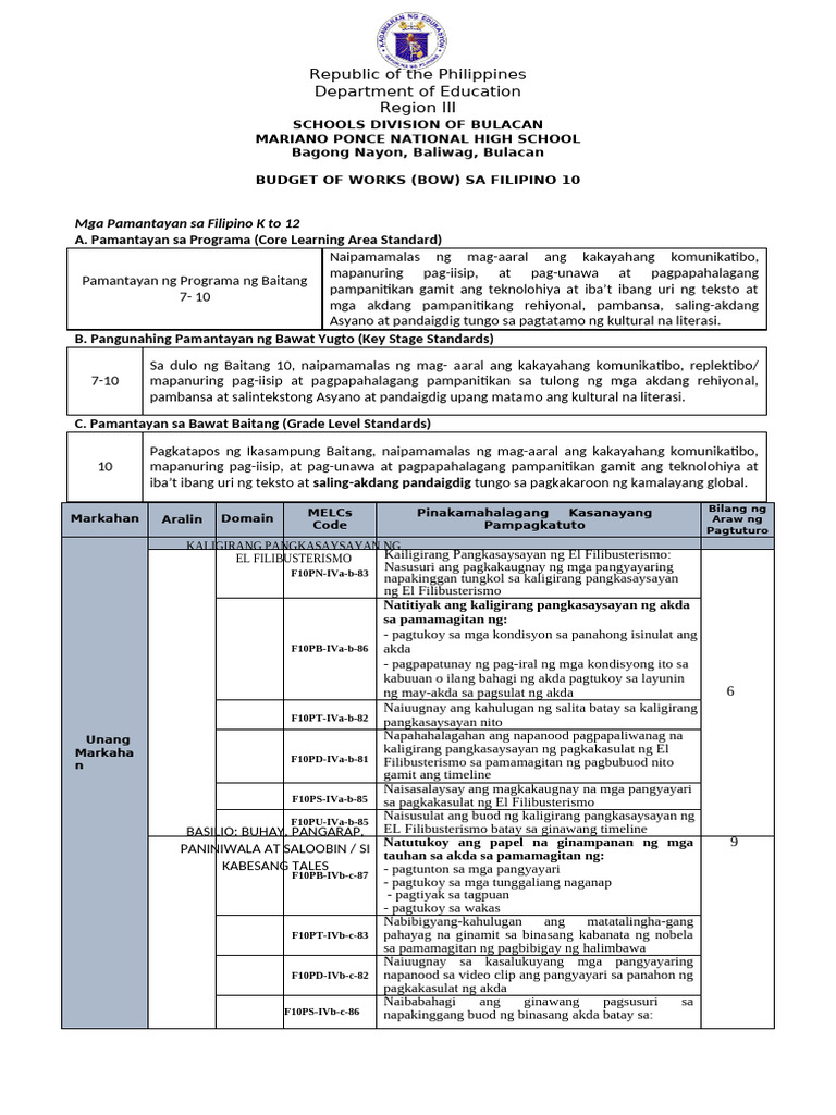 BOW-FILIPINO-10-4TH QUARTER 39 Days | PDF