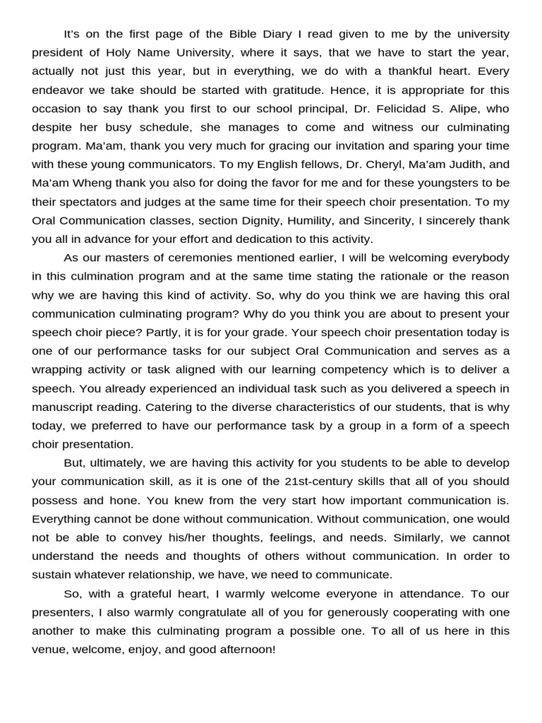 Words of Welcome - Oral Com Culminating Program | PDF