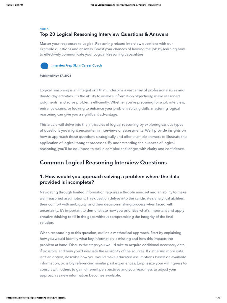 Top 20 Logical Reasoning Interview Questions & Answers | PDF | Critical ...