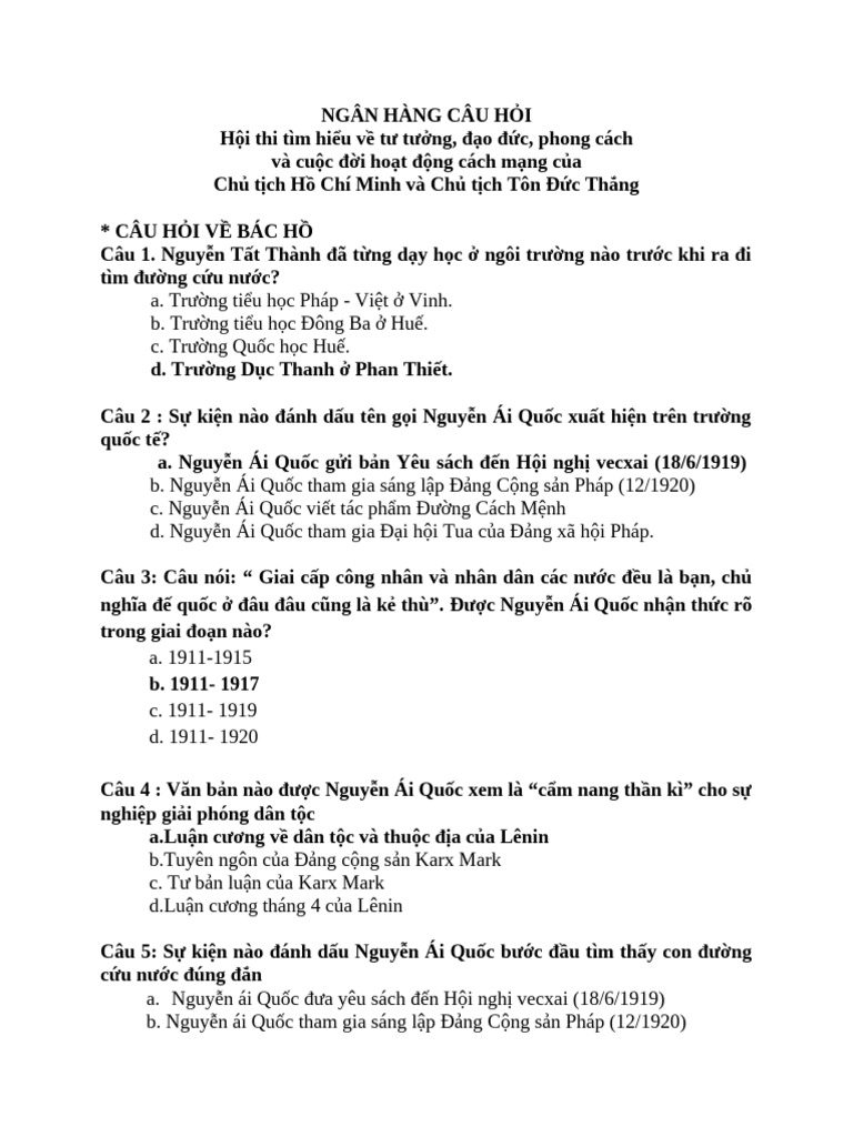 Ngan Hang Cau Hoi Tim Hieu Bac Ho - Bac Ton | PDF