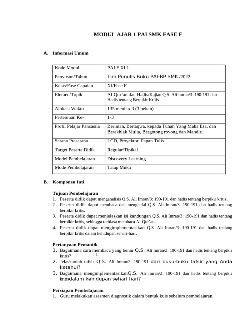 Modul Ajar 1 Pai Fase F | PDF