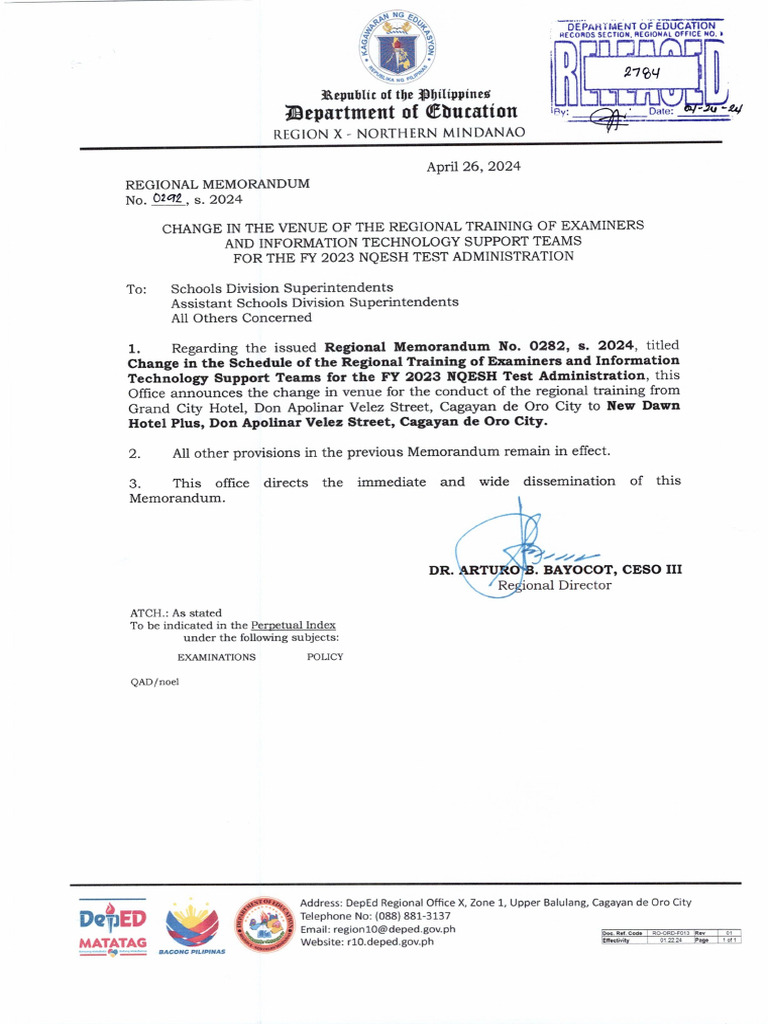 RM - 292 - Change in The Venue of The Regional Training of Examiners and Information Technology ...