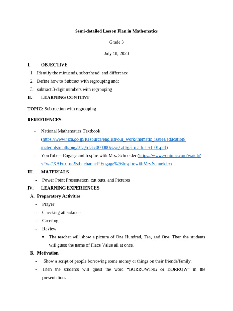 Semi-detailed-LP MATH Subtraction With Regrouping Grade3 Gorospe ...