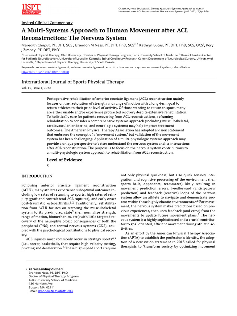 A Multi Systems Approach To Human Movement After Acl Reconstruction The ...