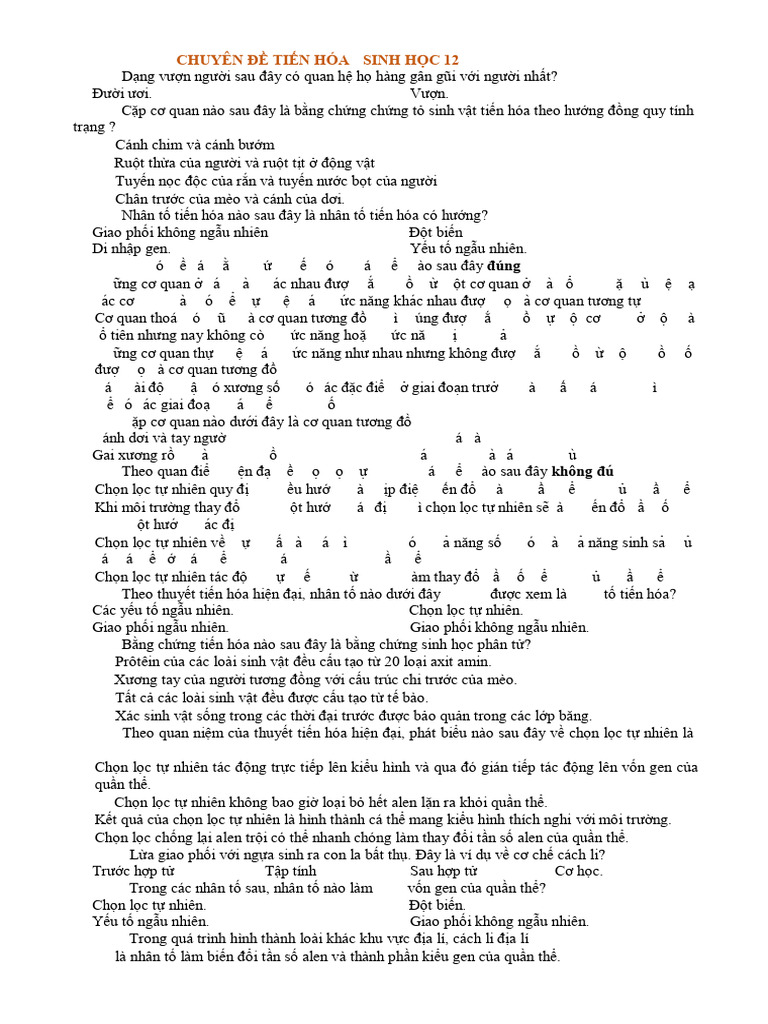 BAI TAP TN CHUYEN DE TIEN HOA - SINH 12 b1db2 | PDF