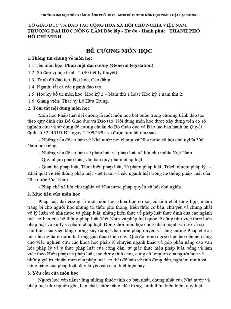 De Cuong Mon Hoc Phap Luat Dai Cuong-LeHuuTrung | PDF