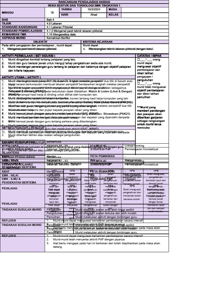 RPH Minggu 19 SMK RBT Tingkatan 1 2024-2025 by Cikgu Gorgeous | PDF