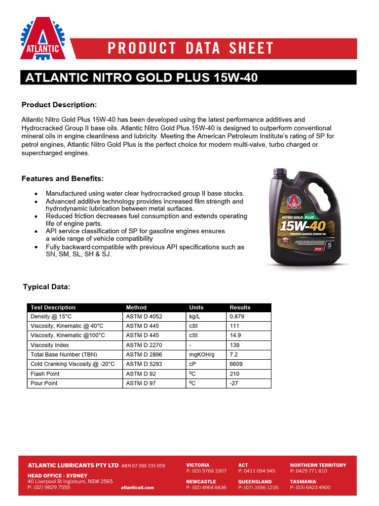 Atlantic Nitro Gold Plus 15W 40 PDS | PDF | Viscosity | Technology ...
