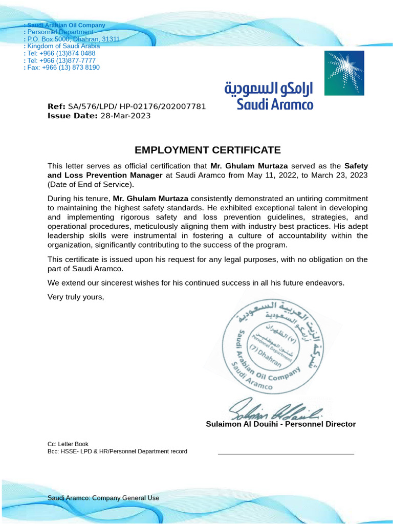Saudi Aramco Exp Certificate | PDF