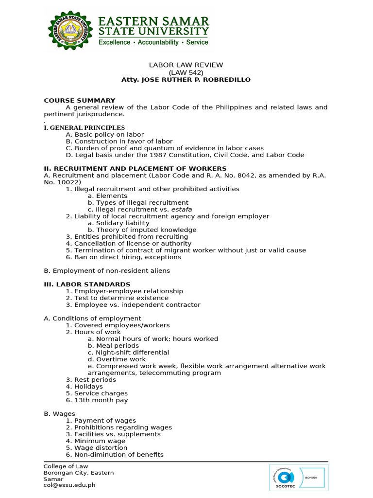 Labor Law Review Course Syllabus 2024 | PDF