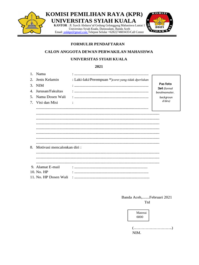 Formulir Calon Anggota DPM USK 2021-Dikonversi | PDF