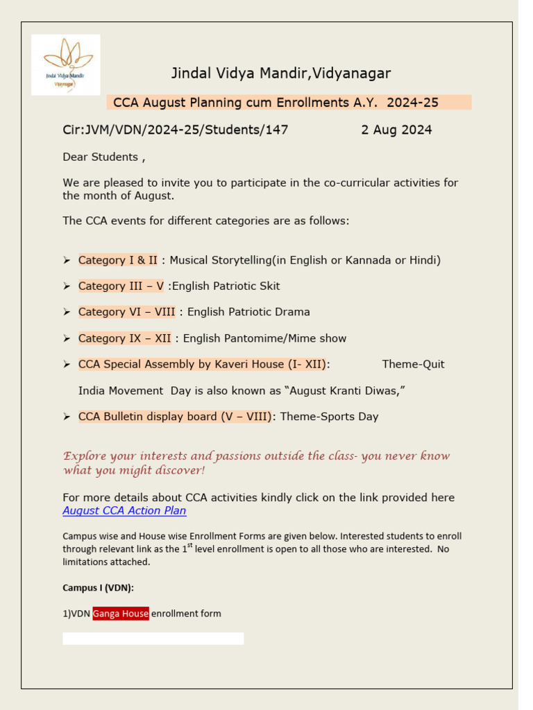 Cir 147 August Month's CCA Calendar and Enrollments | PDF