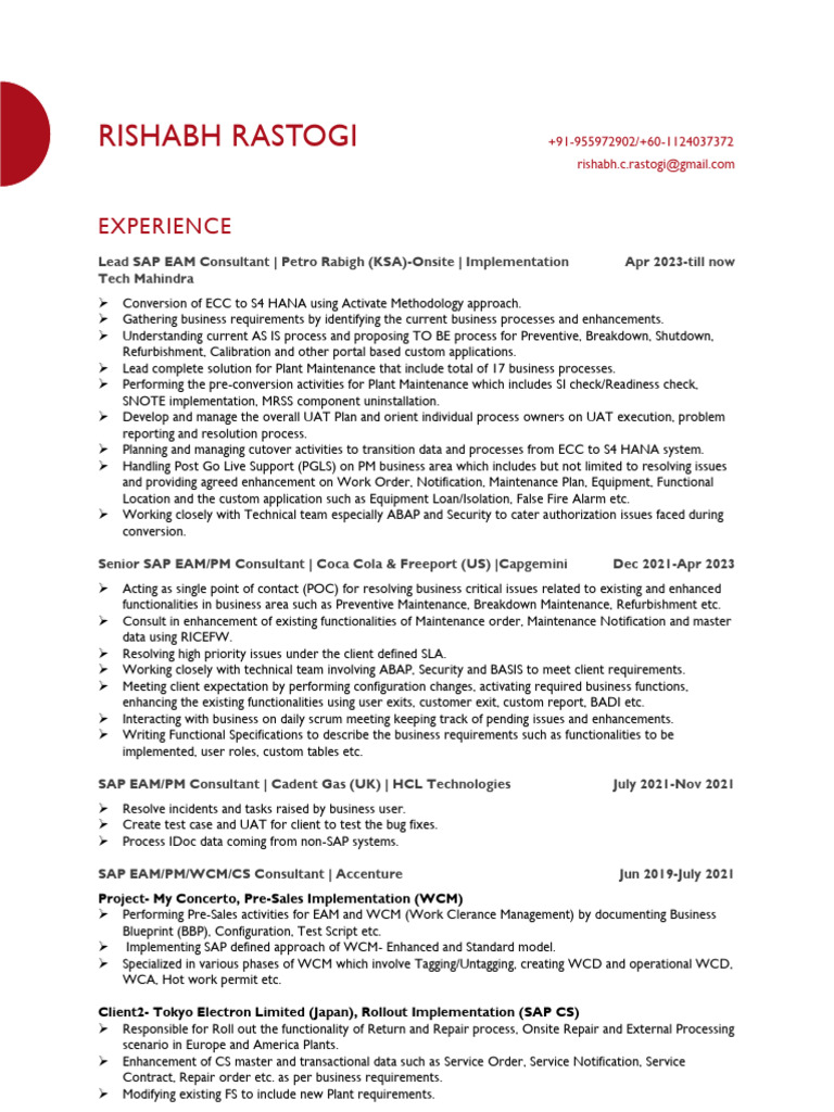 Rishabh Rastogi (SAP PM EAM CS & WCM) - Jun 2024 | PDF