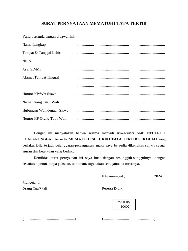 Surat Pernyataan Mematuhi Tata Tertib | PDF