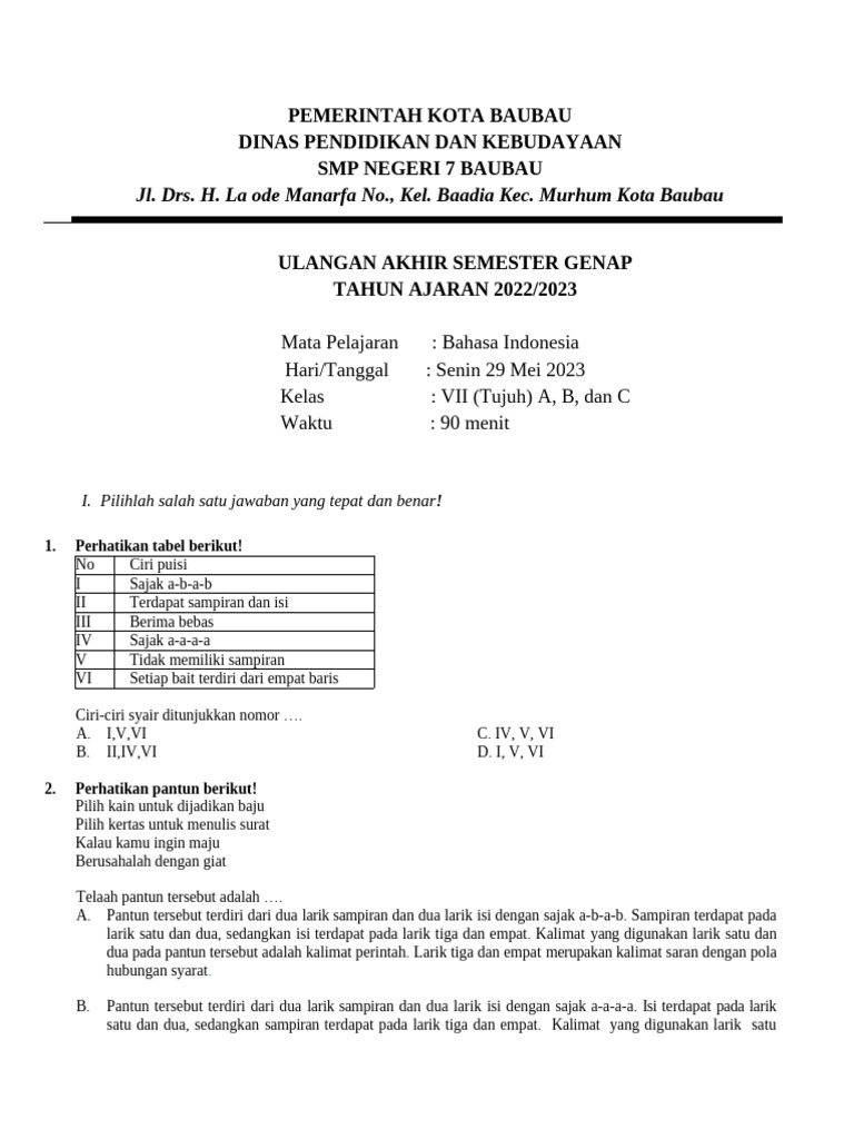 Soal PAS B.indo Kelas 7 Semestr Genap | PDF