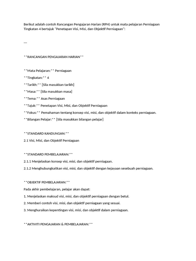 RPH Visi, Misi, Objektif Perniagaan | PDF