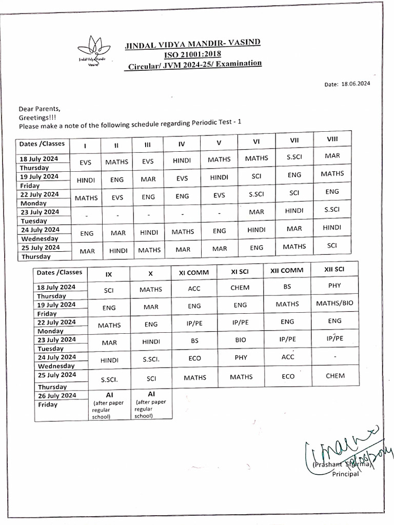 JVM Periodic Test 1 Time Table 2024-25 | PDF