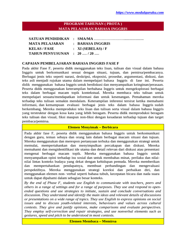 Prota Kelas 11 SMA Bahasa Inggris Fase F | PDF