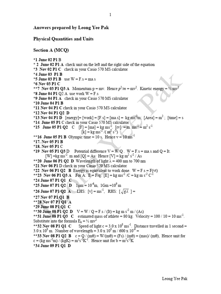 Microsoft Word - Tutorial 1 Physical Quantities & Uints Answers | PDF