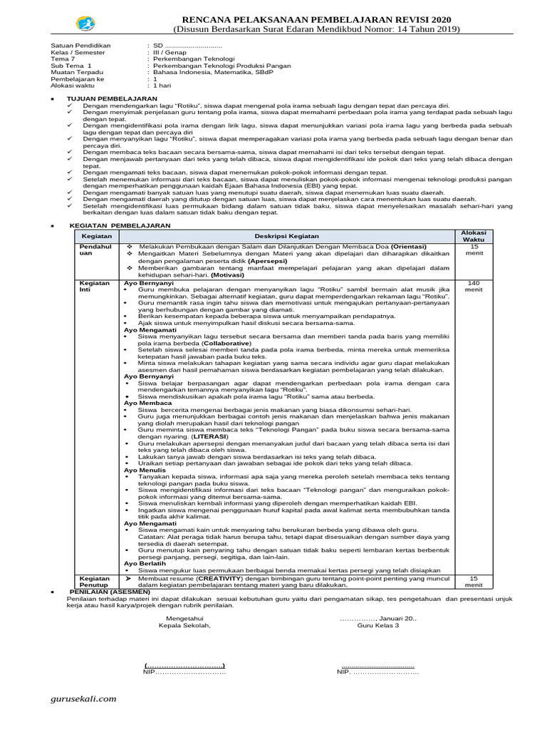 RPP 1 Lembar Kelas 3 Tema 7-1 | PDF