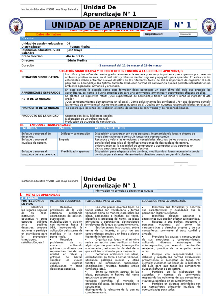 4° GRADO UNIDAD DE APRENDIZAJE MARZO - 2024 - Ok | PDF