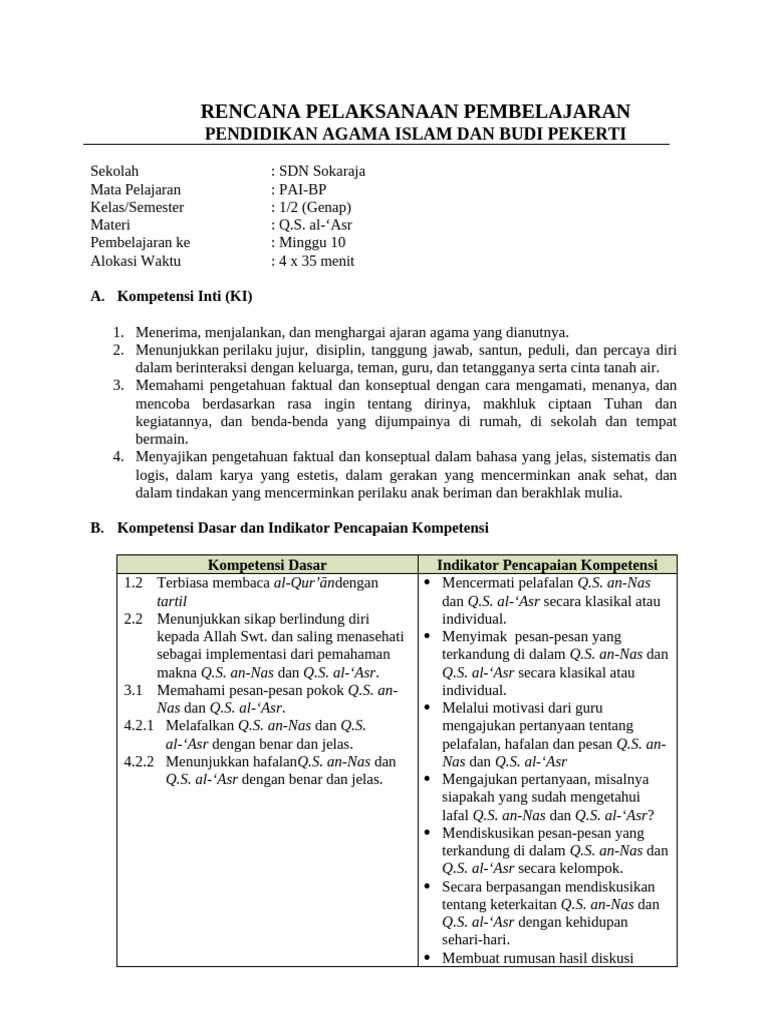 RPP 10. PAI-BP 2017 Kelas 2 QS Al - Asr | PDF