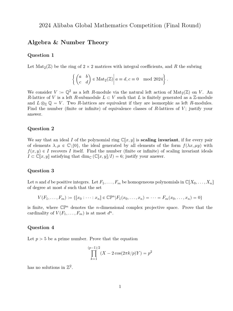 Algebra & Number Theory: 2024 Alibaba Global Mathematics Competition ...