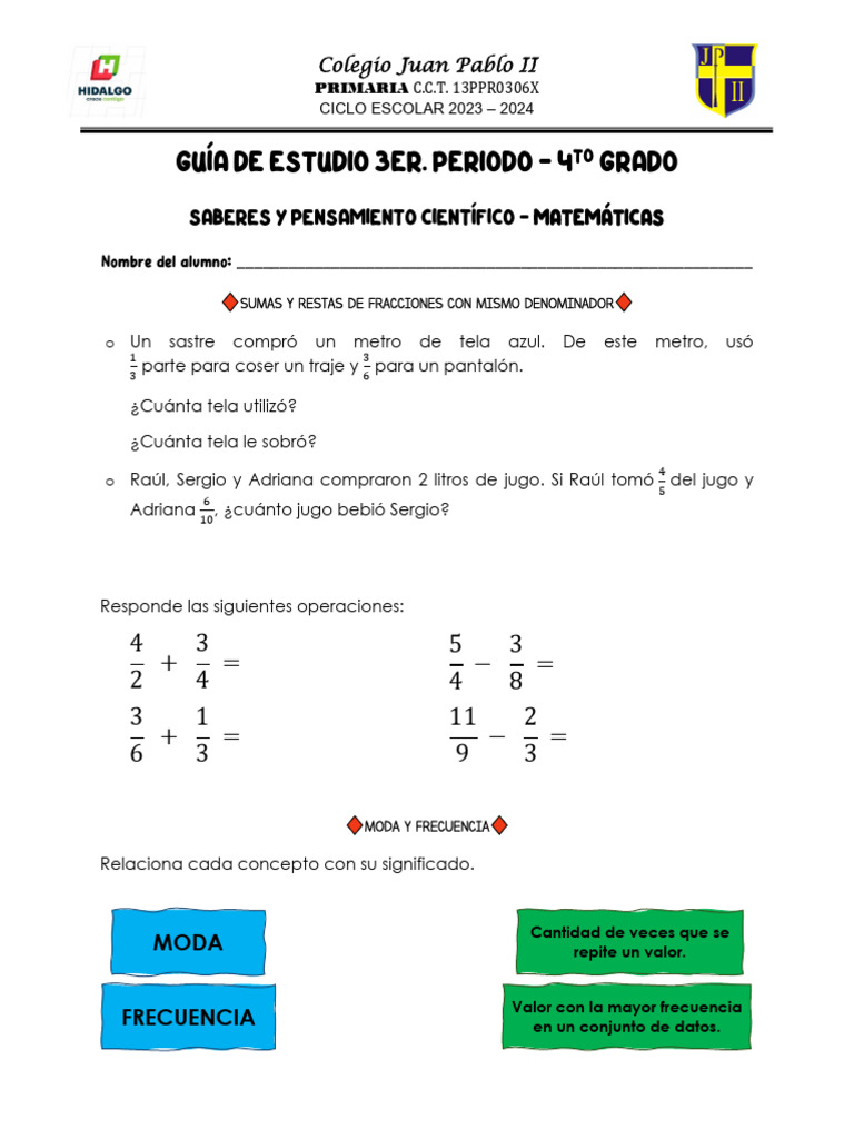 GUÍA DE ESTUDIO MATEMÁTICAS 4° 3ER PERIODO | PDF