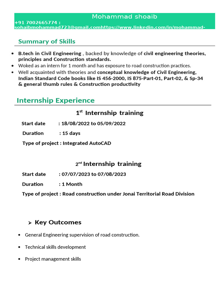 Civil Engineering Intern Profile | PDF