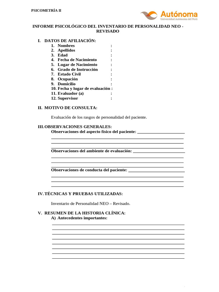(10) MODELO DE INFORME PSICOLÓGICO DE NEO PIR-converted | PDF