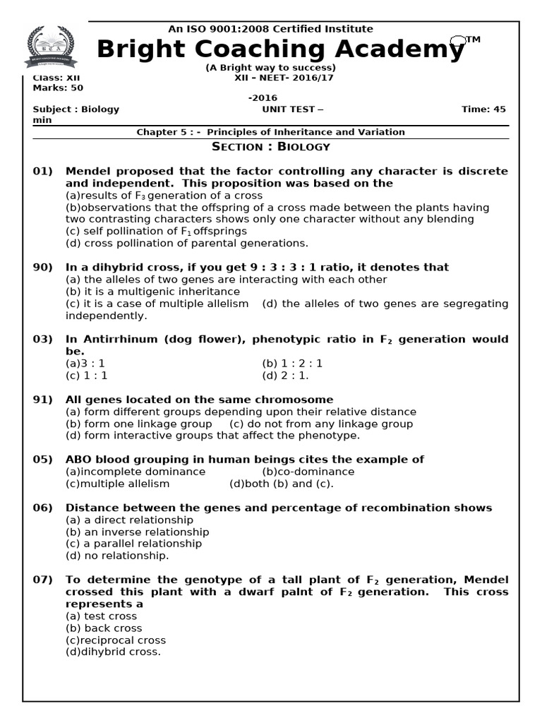 Chapter 5 Principles of Inheritance and Variation | PDF Chapter 5 Principles of Inheritance and Variation | PDF