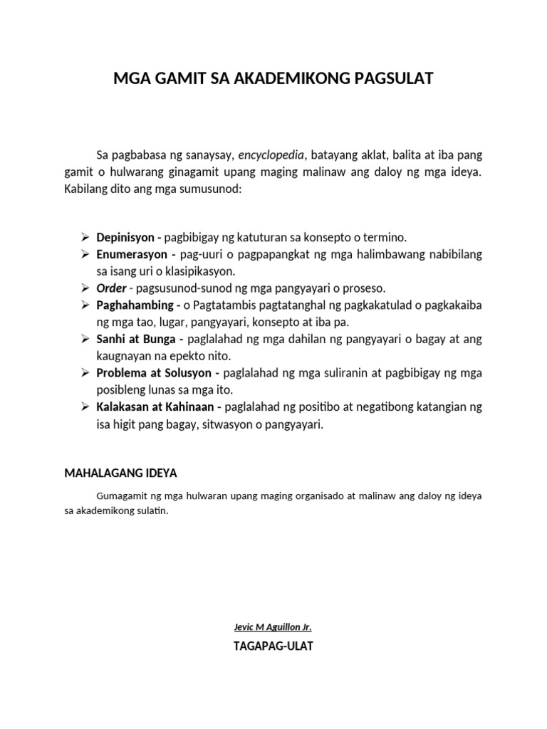 Mga Gamit Sa Akademikong Pagsulat | PDF
